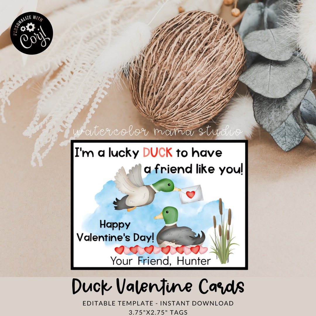 Duck Valentine Card for Kid Printable Valentine Card Party Favor DIY ...