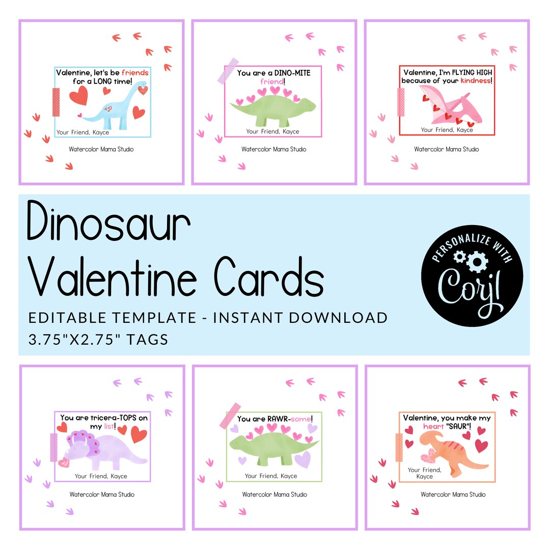 Dino Valentine Card Editable Kid Valentine Card Dinosaur Valentine Tag ...