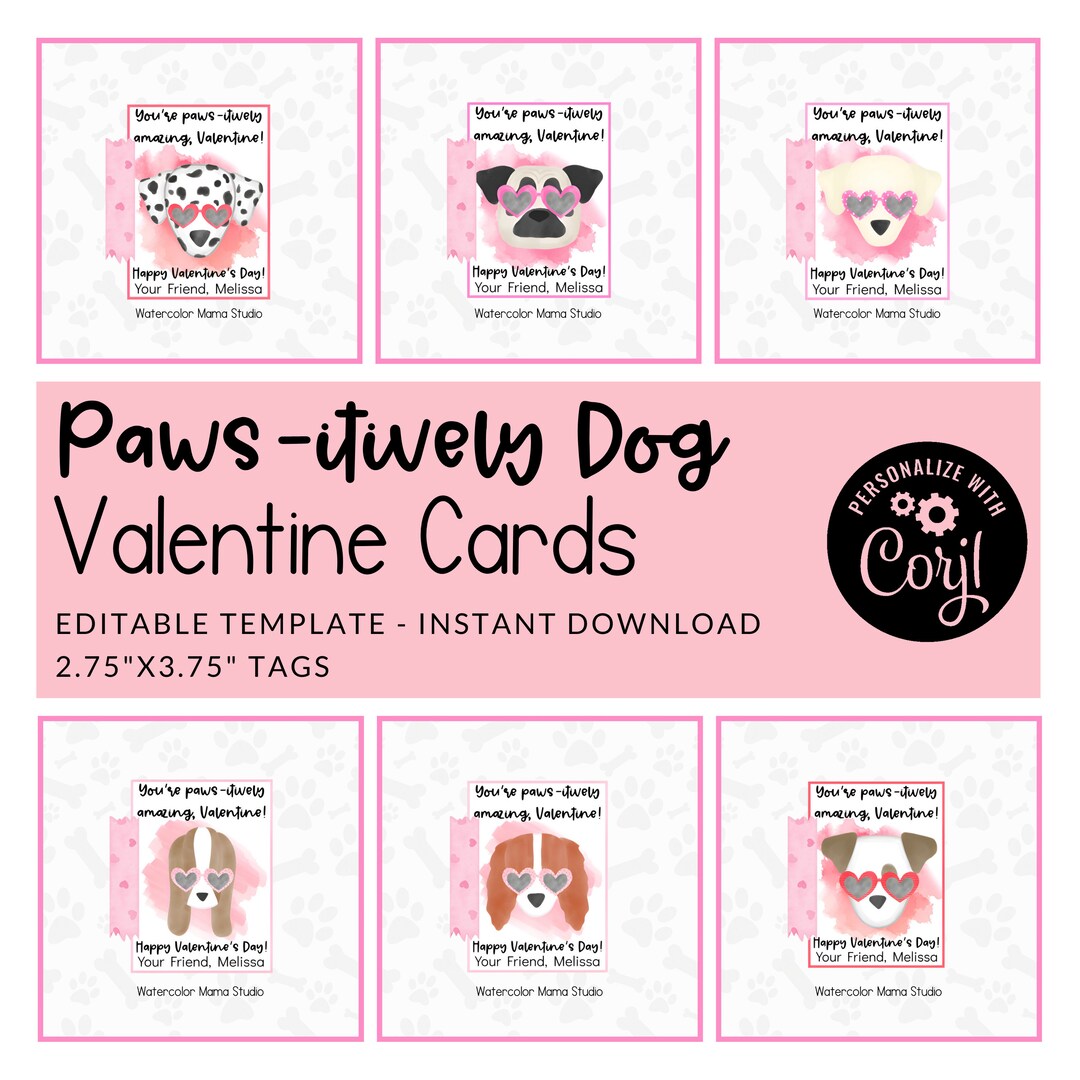 Dog Valentine Card for Kid Editable Dog Valentine Tag DIY Dog Valentine ...