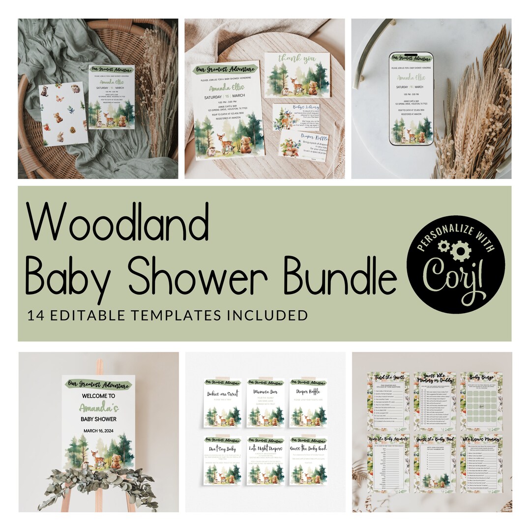 Woodland Baby Shower Bundle Editable Woodland Animal Set DIY Woodland ...