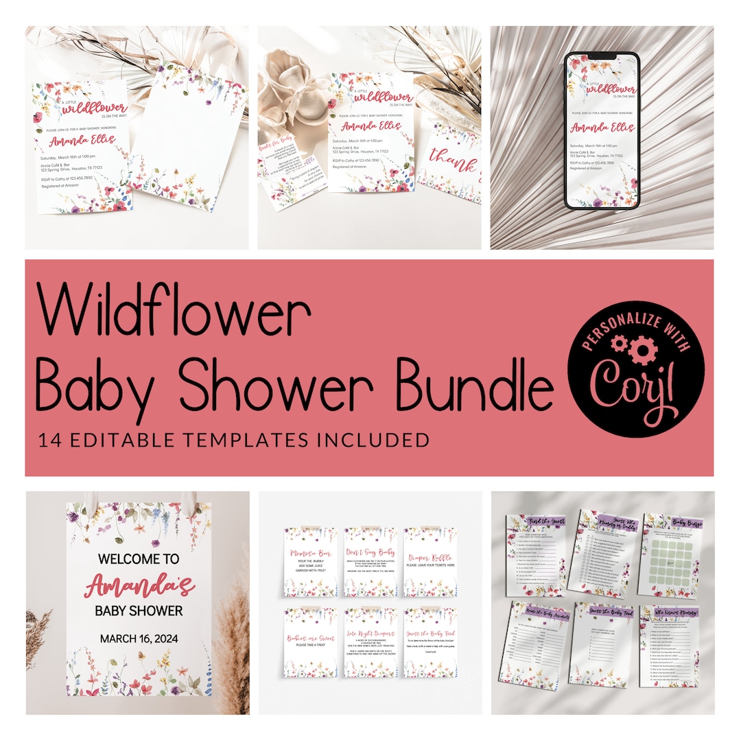 Wildflower Baby Shower Bundle Editable Wildflower Set Baby Shower Package Girl Baby Shower A ...