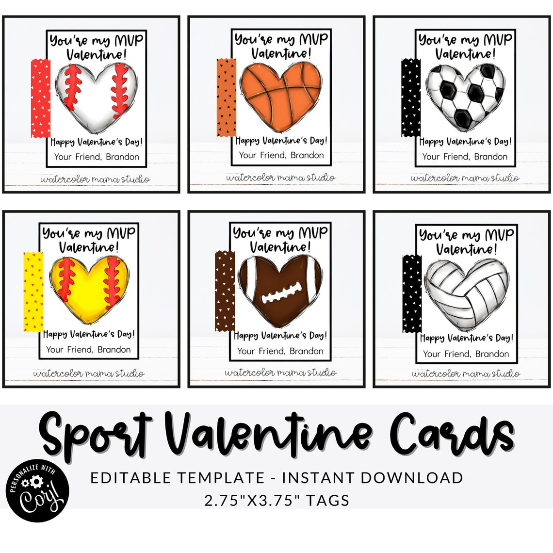 Sport Valentine Card for Kids Valentine Tag DIY Valentine Card Editable ...