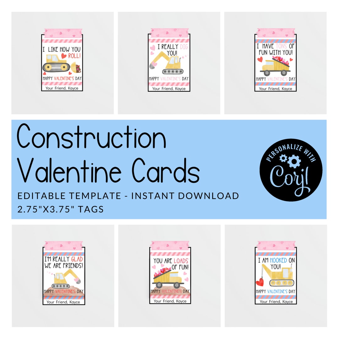 Construction Valentine Card for Kids Editable Printable Construction ...