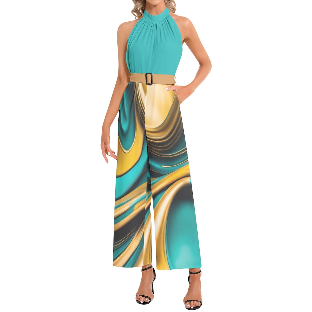 Teal and Gold Abstract Art Pattern Halter Neck Buckle Belted Woman's ...