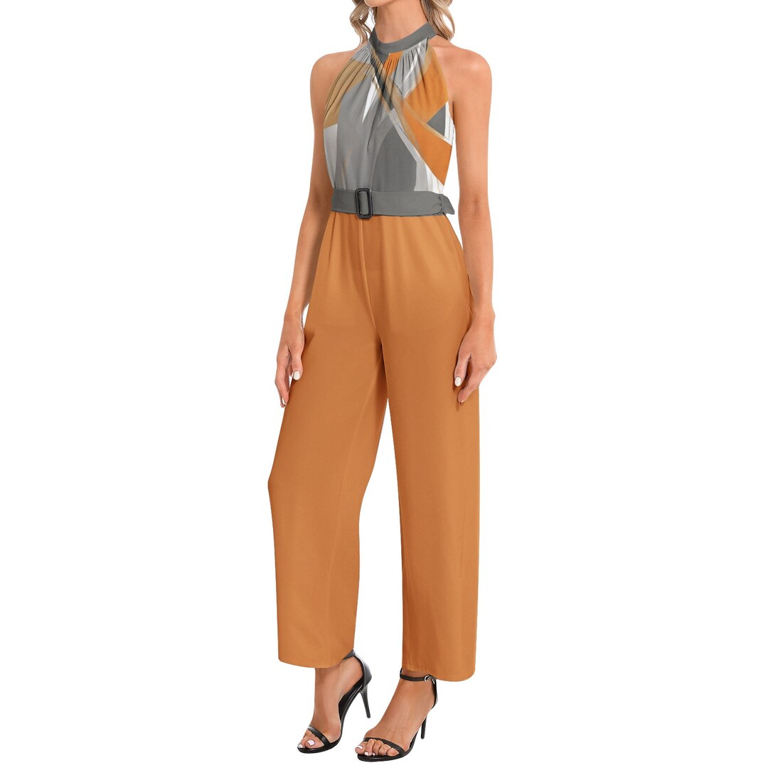 Orange and Gray Halter Neck Buckle Belted Jumpsuit - Etsy