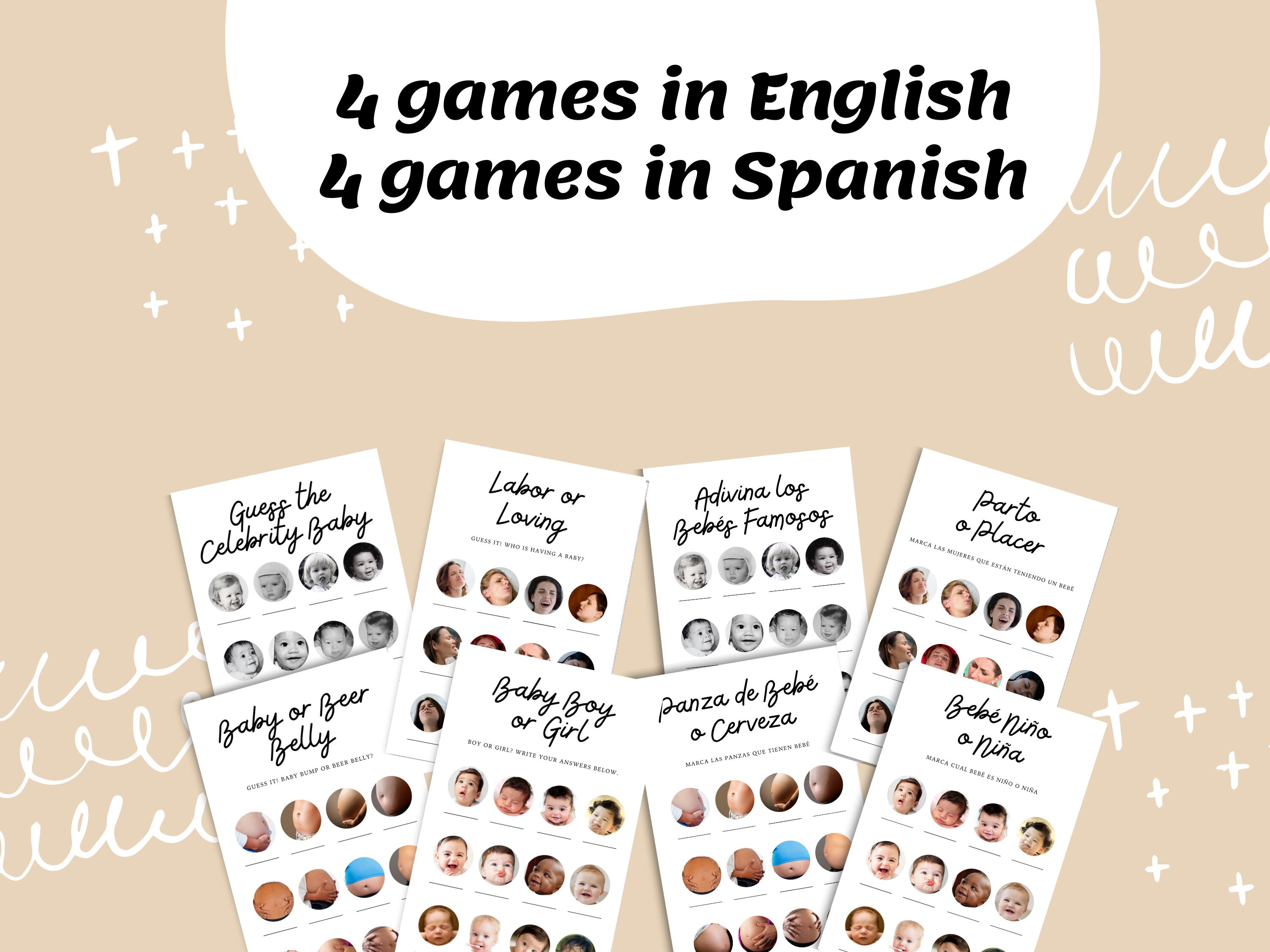 Bilingual Fun Game Pack, 8 Total Games, English & Spanish Baby Shower ...