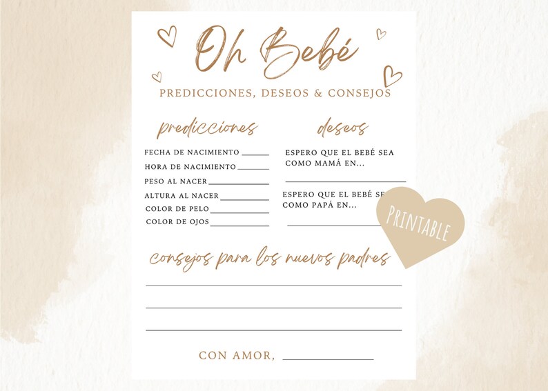 English & Spanish Baby Predictions Advice Keepsake, Printable Download ...