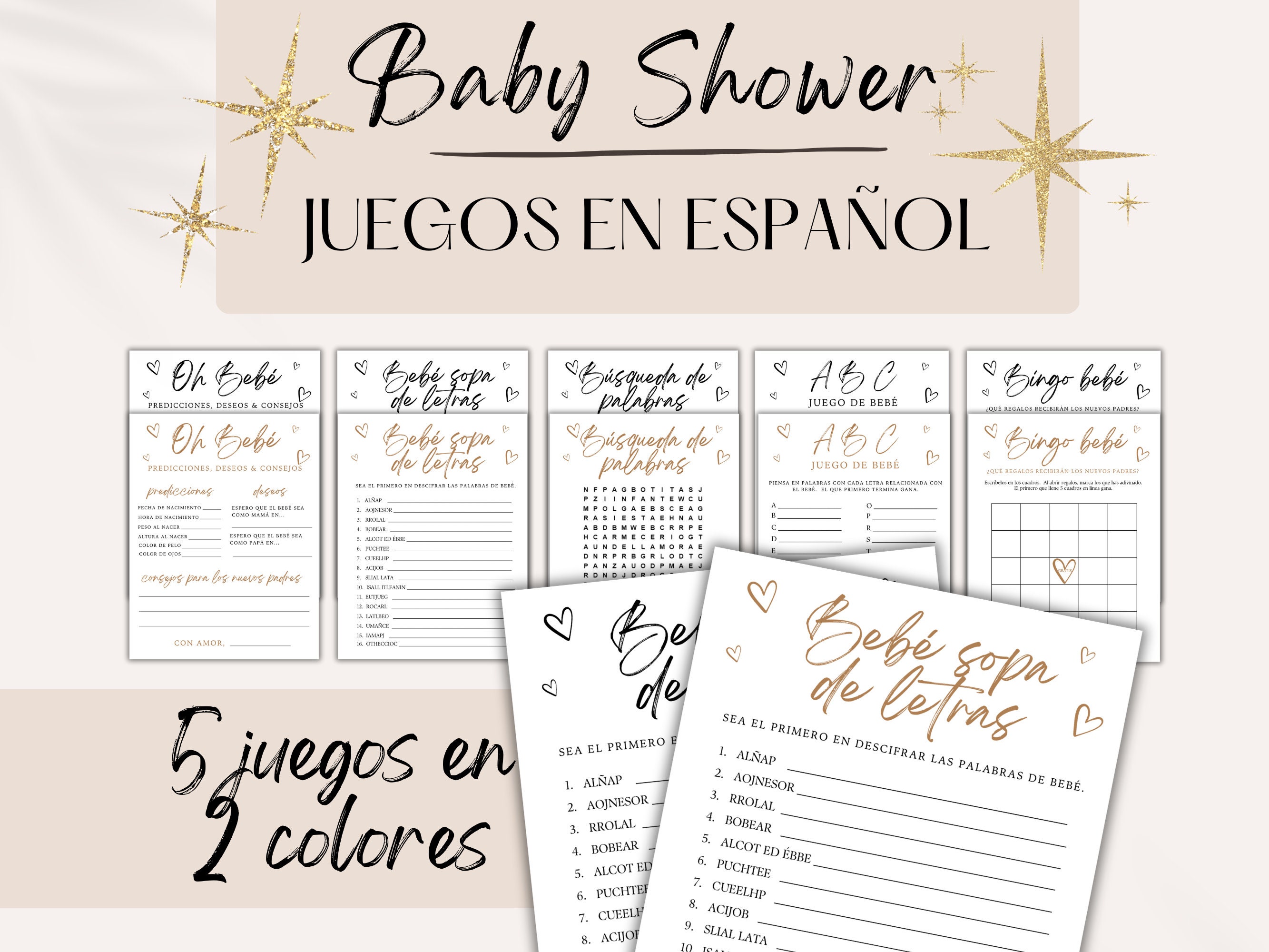 Spanish "baby Shower Game" Bundle, Gold or Minimalist Black, Gender ...