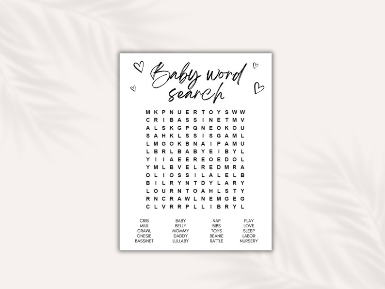 Baby Word Search Printable Game, Gold or Black Minimalist Design ...