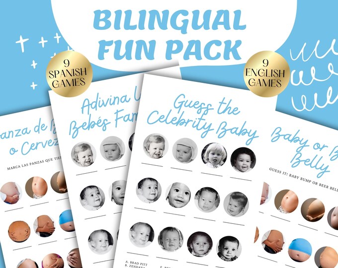 Blue Bilingual Fun Pack, 18 Total Games, English & Spanish Baby Shower ...