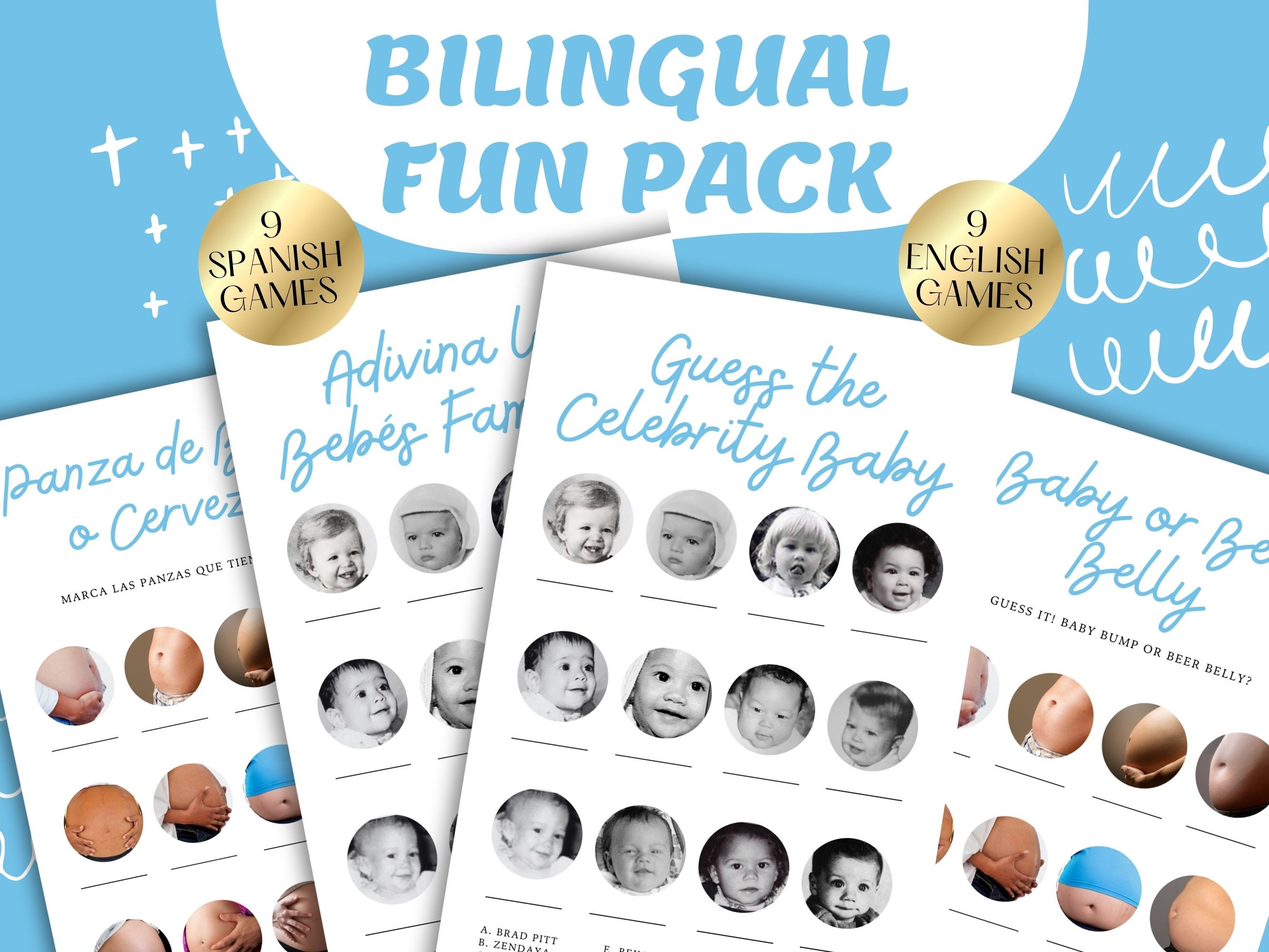 Blue Bilingual Fun Pack, 18 Total Games, English & Spanish Baby Shower ...