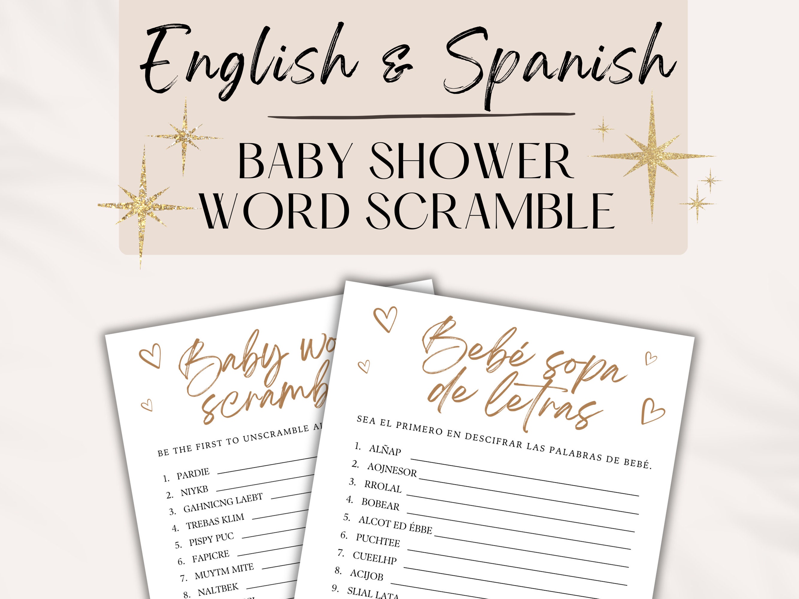 English & Spanish Baby Word Scramble, Gold or Black Minimalist Design ...