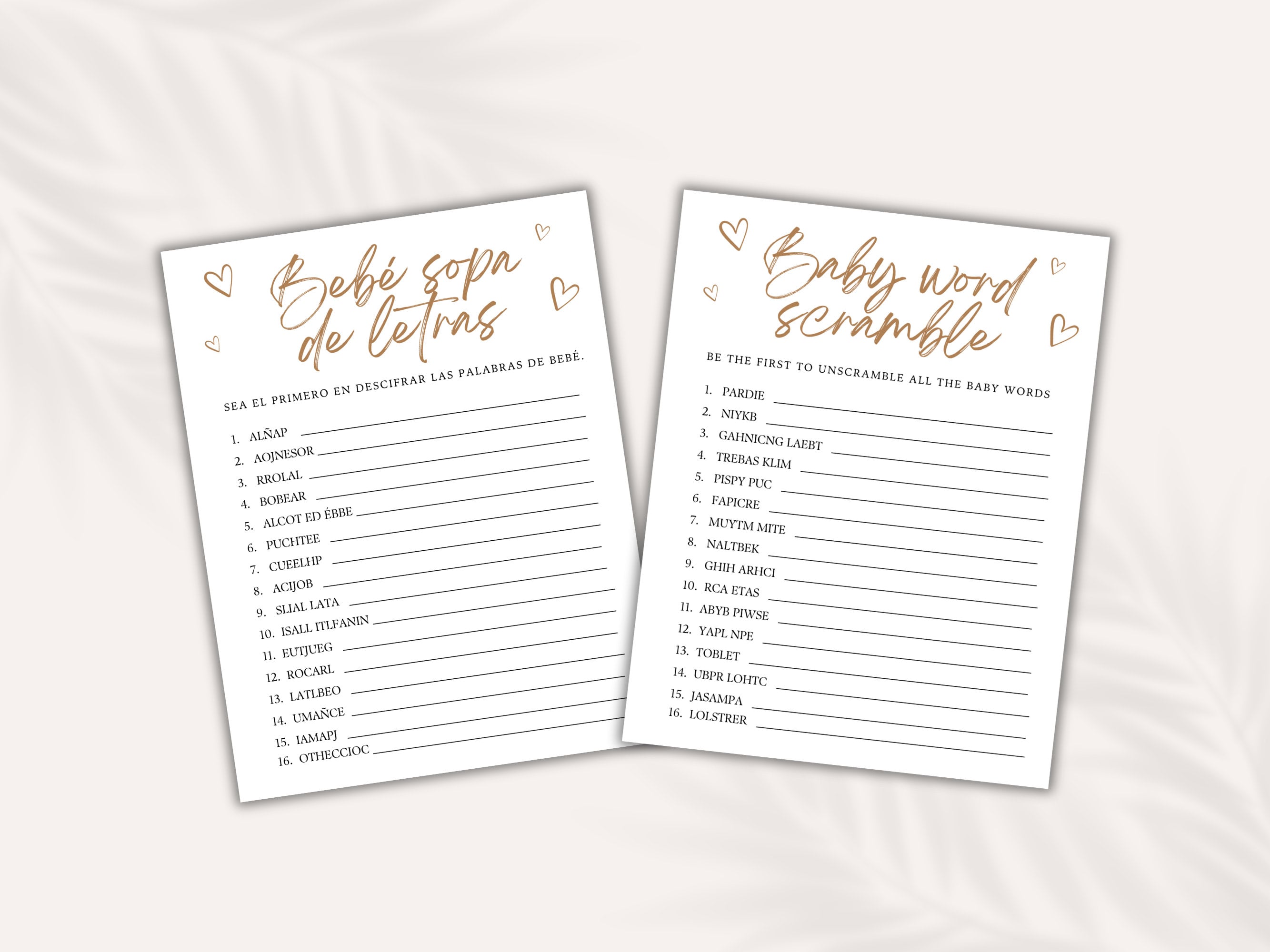 English & Spanish Baby Word Scramble, Gold or Black Minimalist Design ...