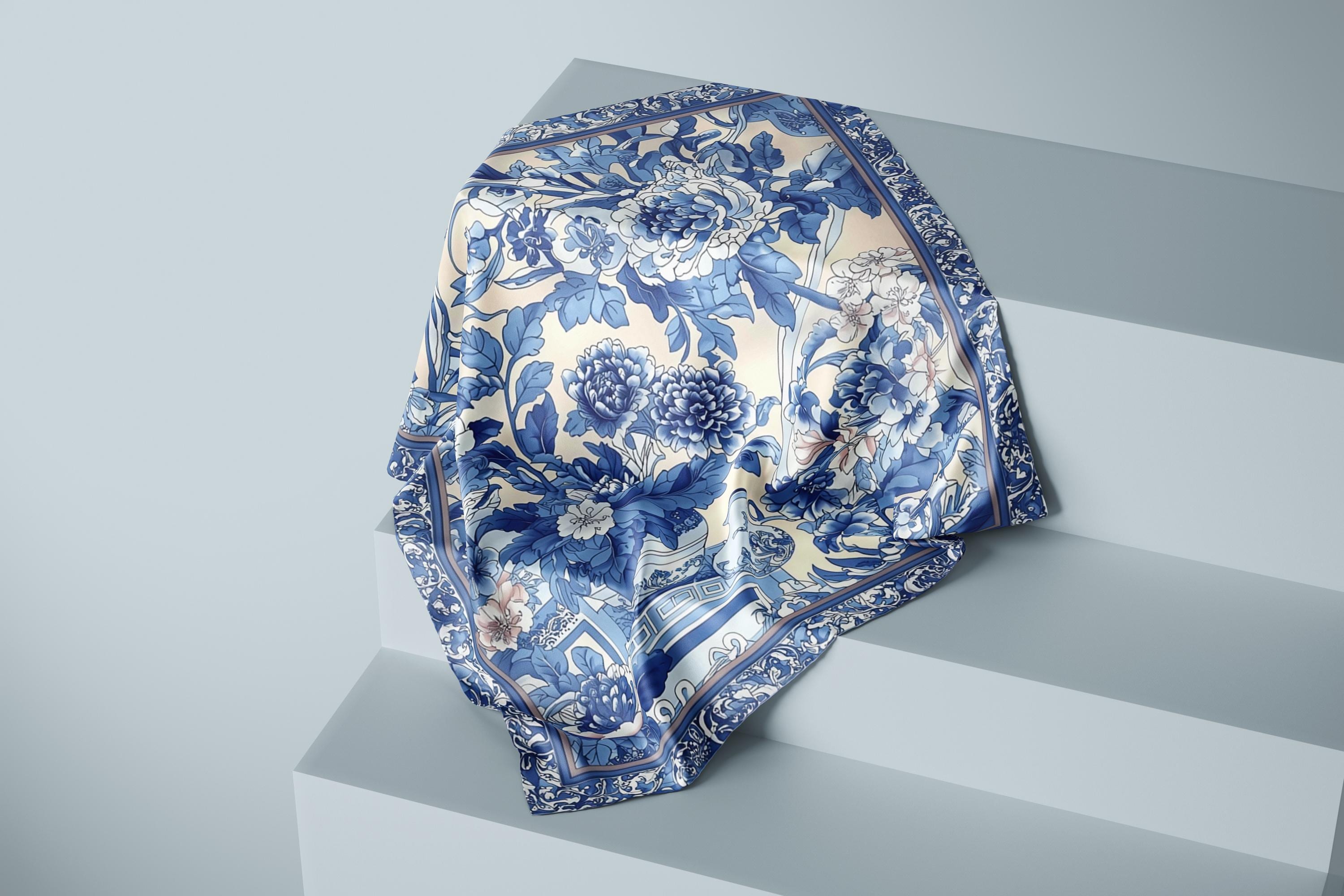Luxury Blue Floral Silk Scarf, Traditional Ethnic Chinoiserie Pattern ...