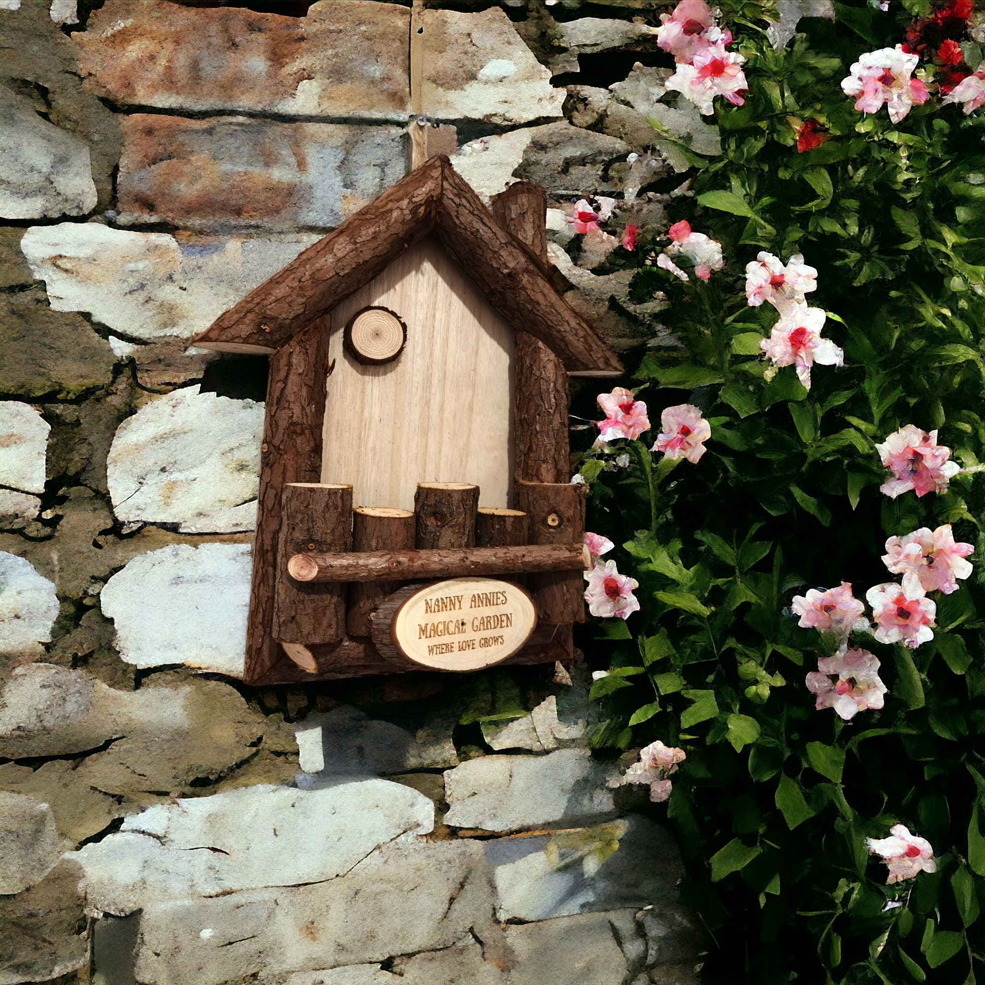 Custom Engraved Wooden Log Cabin Style Flower Pot, Personalised Wall ...