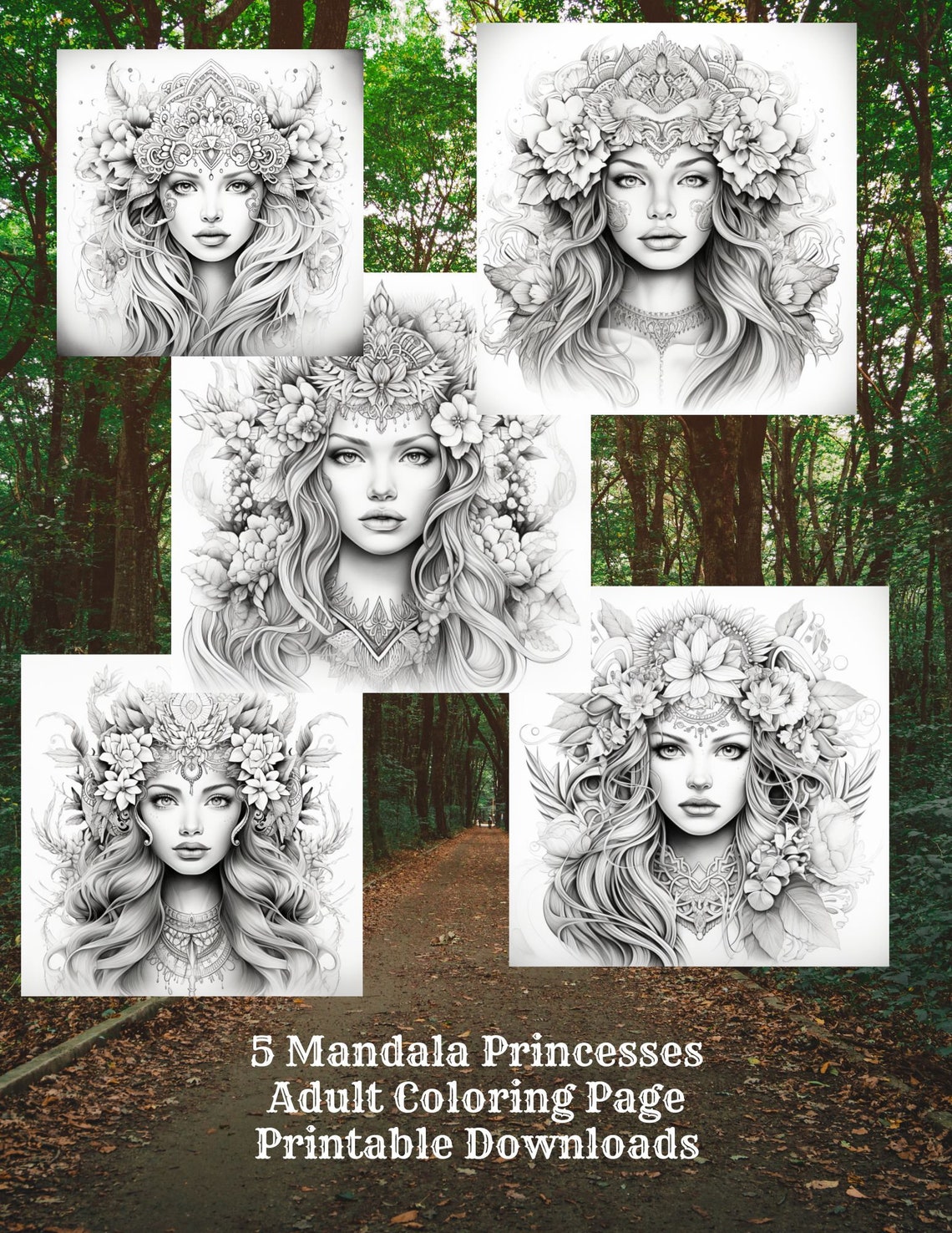 Mandala Princesses Adult Coloring Pages - Etsy