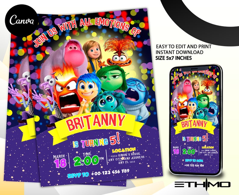 Editable Inside Out 2 Birthday Invitation | for Boy and Girl Kids ...