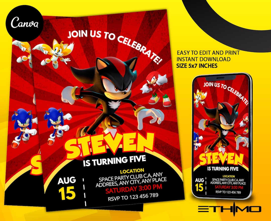 Editable Sonic Birthday Invitation | Printable Shadow Birthday Invite ...