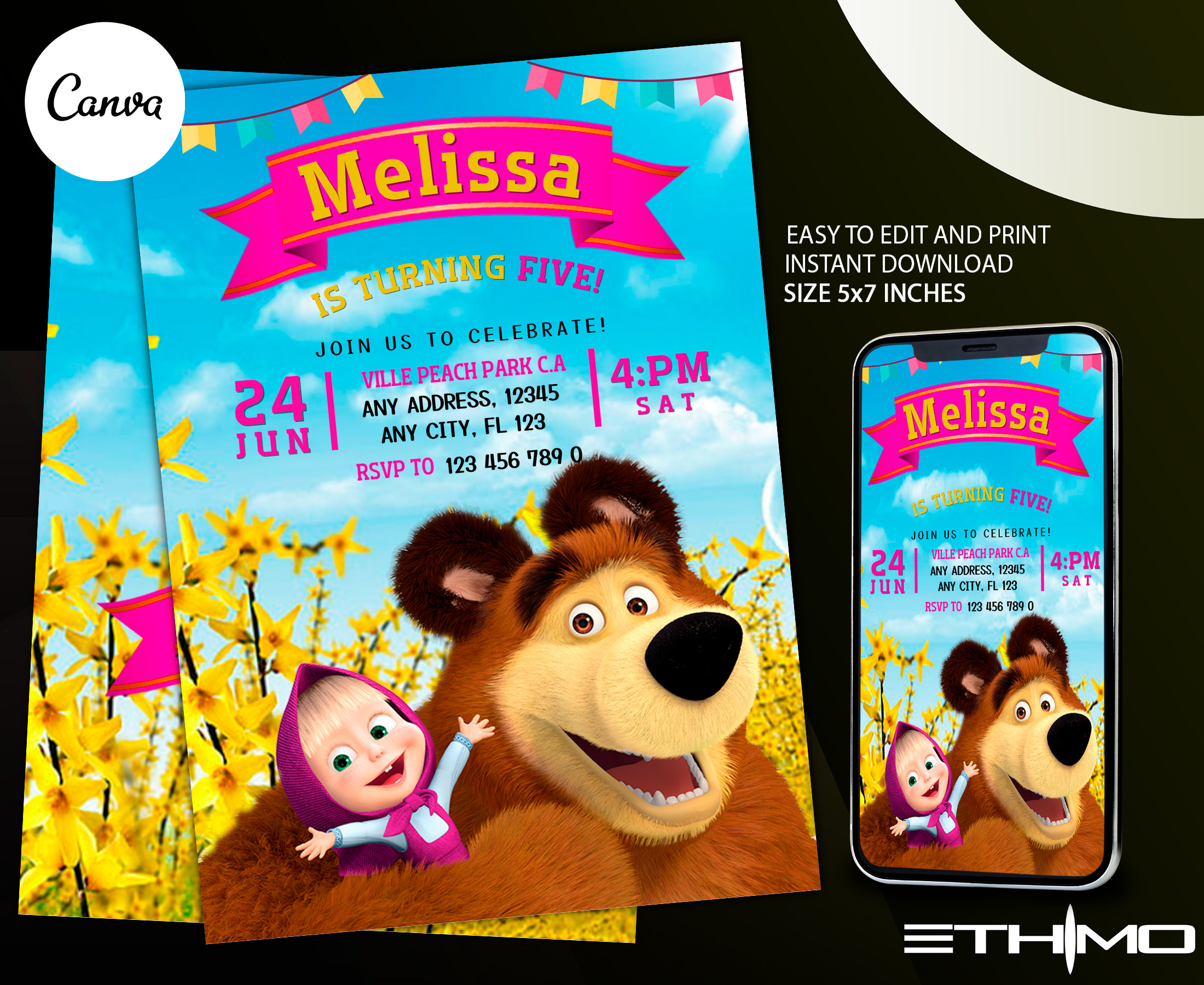 Masha and Bear Invitation, Editable Masha Invitation, Instant Download ...
