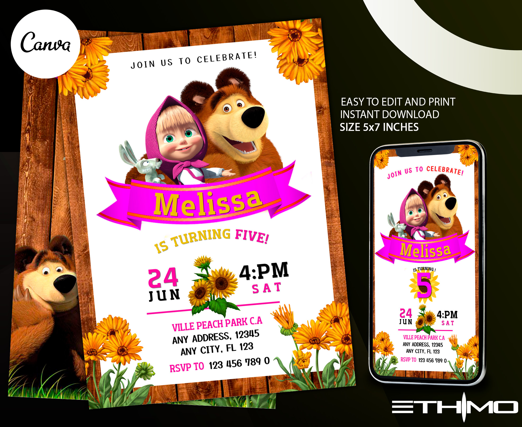 Masha and Bear Invitation, Editable Masha Invitation, Instant Download ...