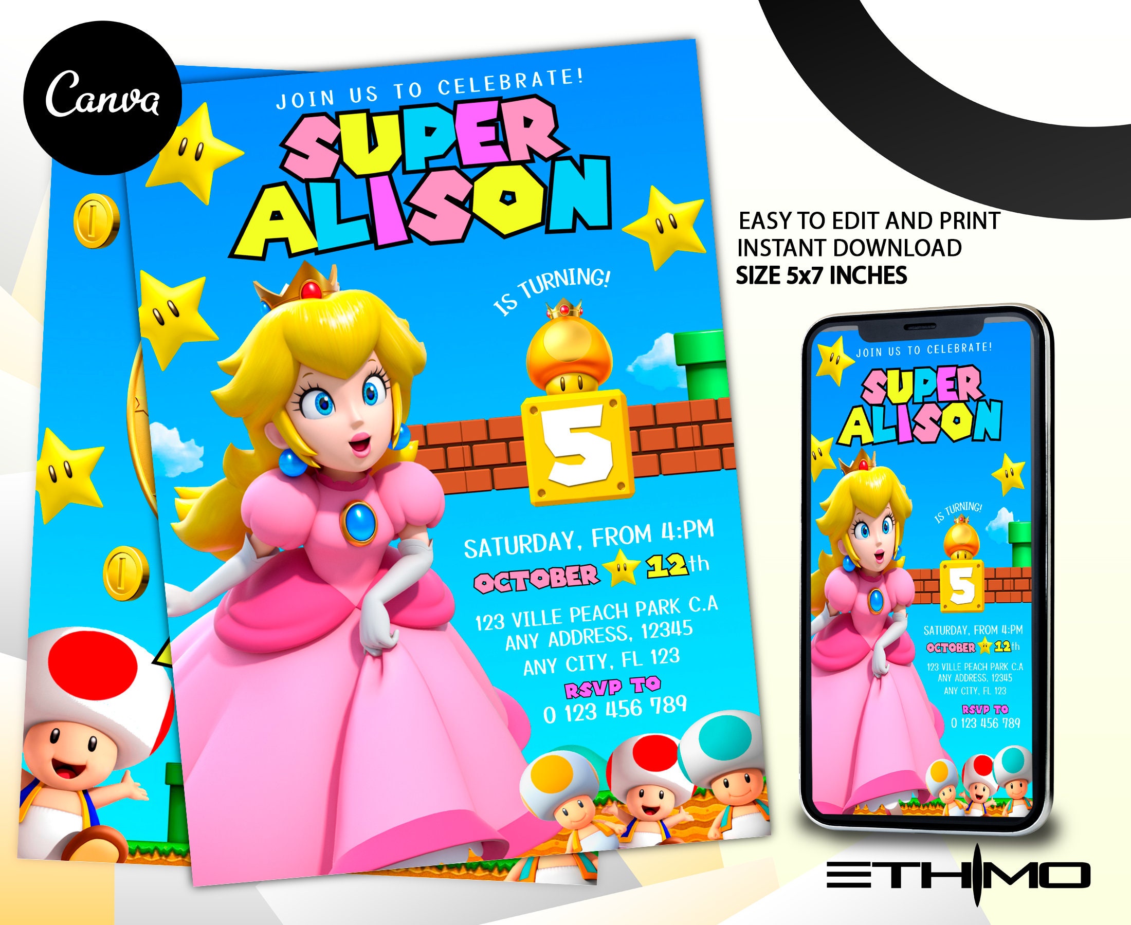 Princess Peach Invitation Super Mario Princess Birthday Invite Instant ...