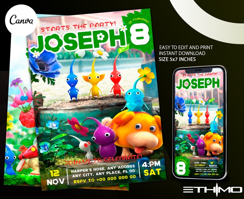Pikmin Birthday Invitation, Pikmin Party Invite, Digital Invitation ...