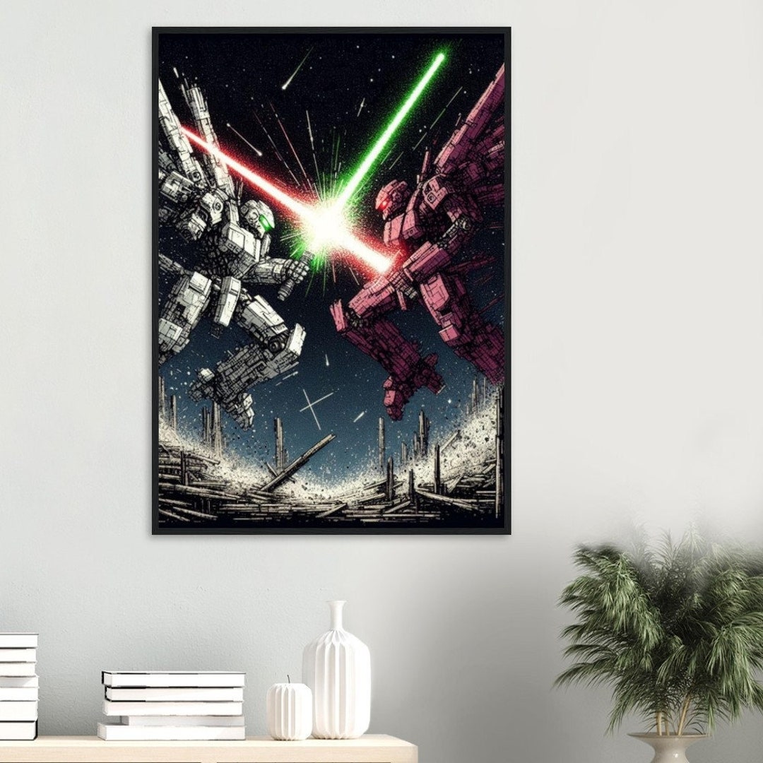 Mech Warz Framed , Mech Wooden Frame, Mech Battle Poster, Anime Mech ...