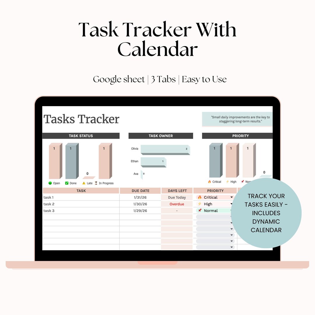 Task Tracker Google Sheets Template | Dynamic Calendar Planner ...