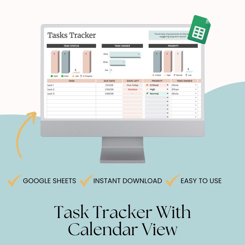 Task Tracker Google Sheets Template | Dynamic Calendar Planner ...