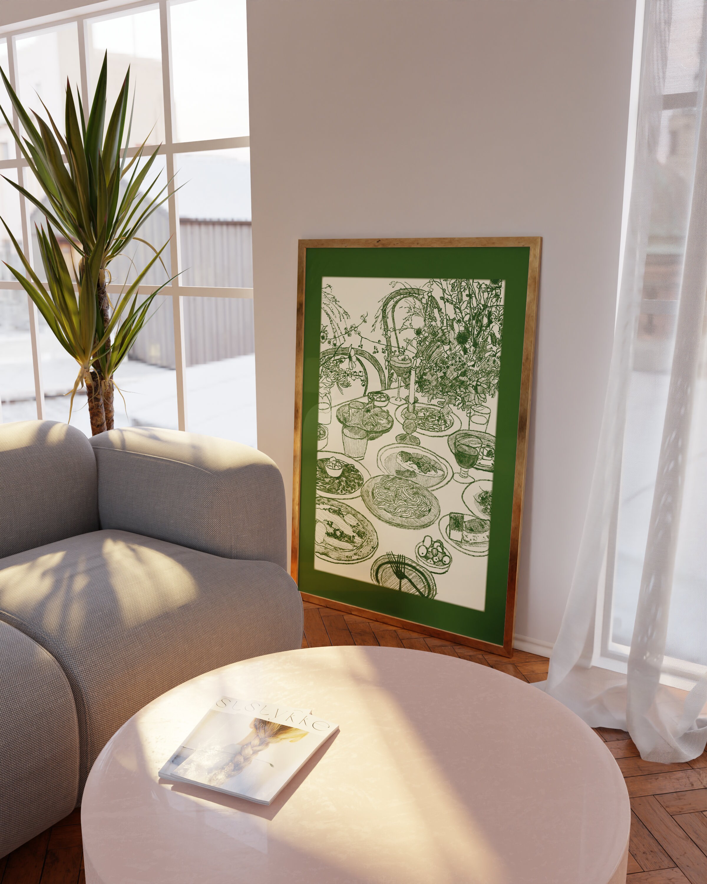 Green Dinner Party Illustration Print, Kitchen Dining Decor (digital ...