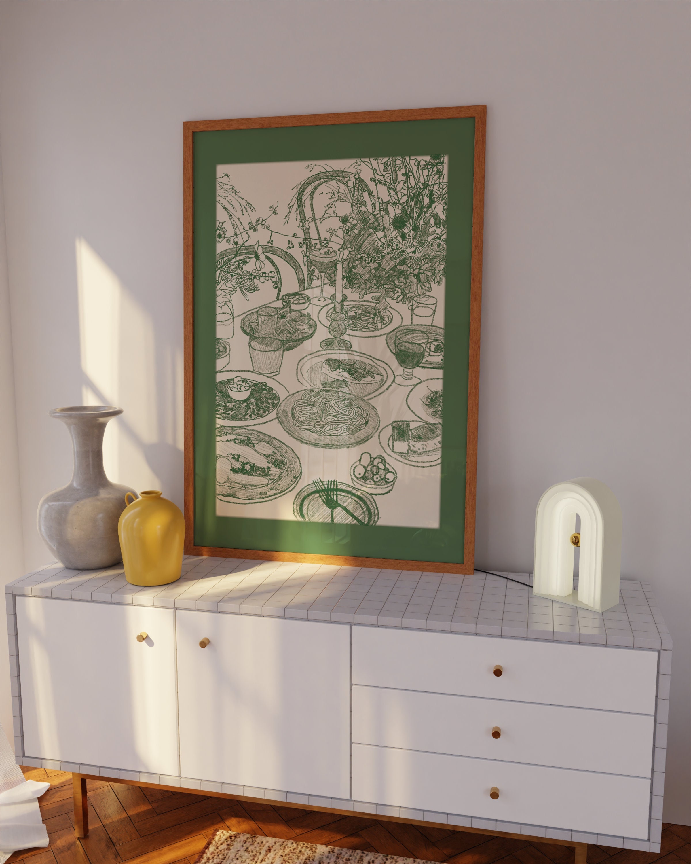 Green Dinner Party Illustration Print, Kitchen Dining Decor (digital ...