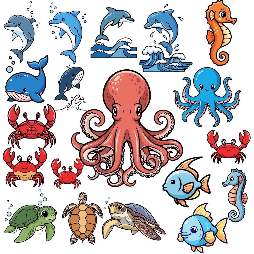 Ocean Animals Png Bundle, Watercolor Marine Creatures Svg, Realistic ...