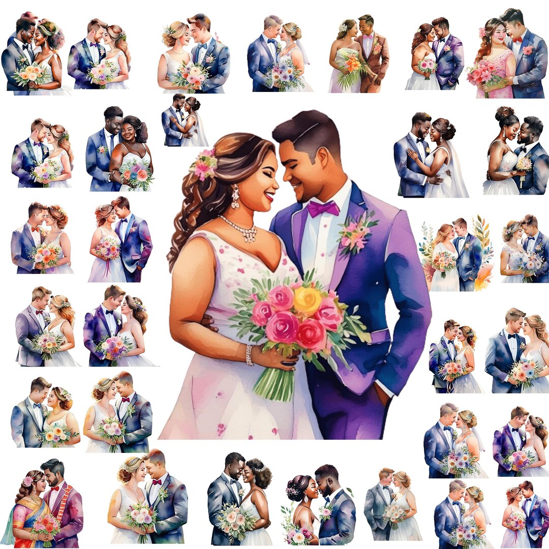 Bride and Groom Clipart Bundle: Wedding Day PNG, Romantic Gift (digital ...