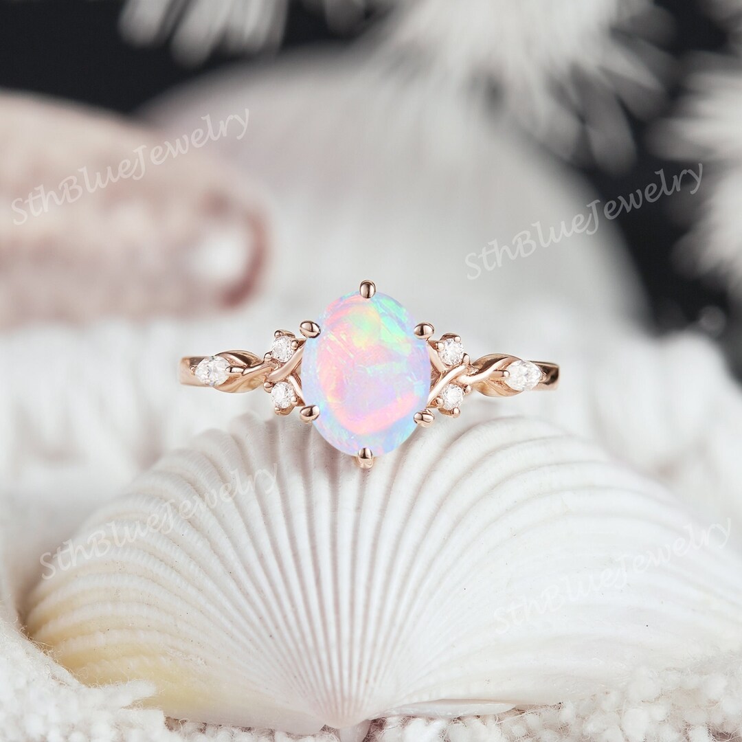 Dainty Opal Engagement Ring Moissanite Cluster Twig Branch Ring Rose Gold Opal Anniversary Rings ...