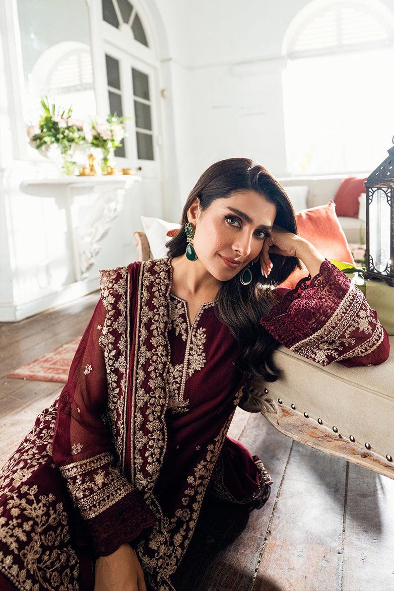 Pakistani Designer Farshi Suit in Berry Burgundy | Luxury Embroidered ...