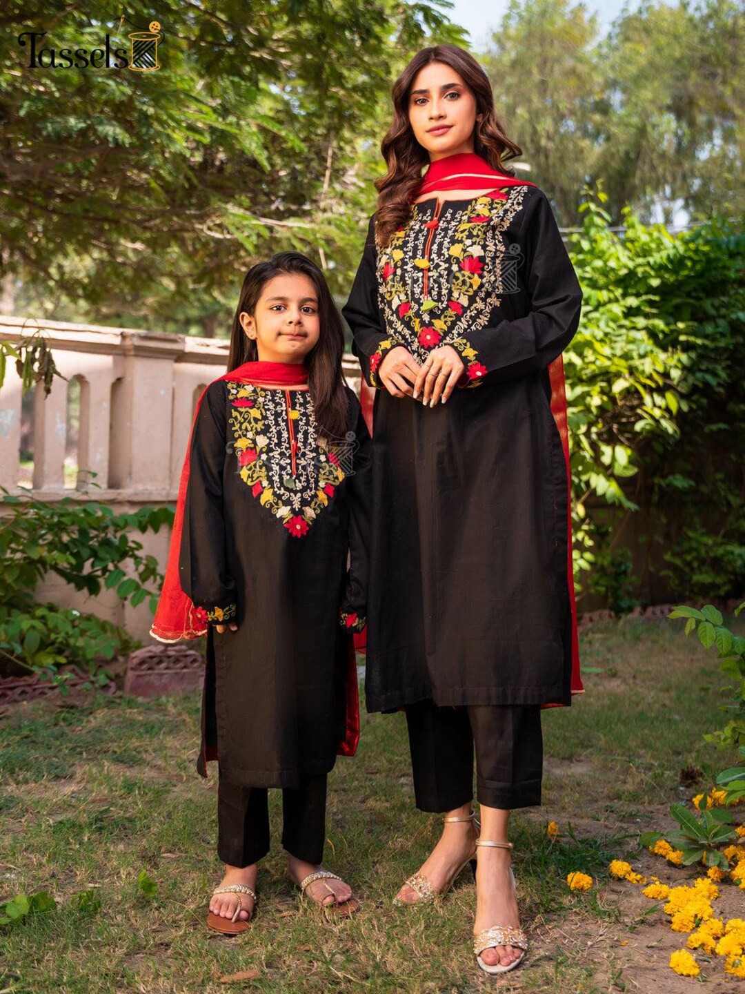 Black Matching Mother-daughter Outfit | Embroidered Cotton Raw Silk 3 ...