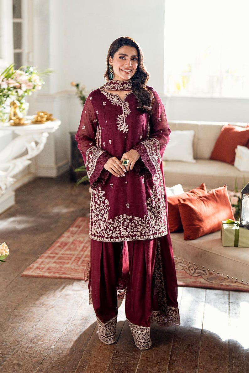 Pakistani Designer Farshi Suit in Berry Burgundy | Luxury Embroidered ...