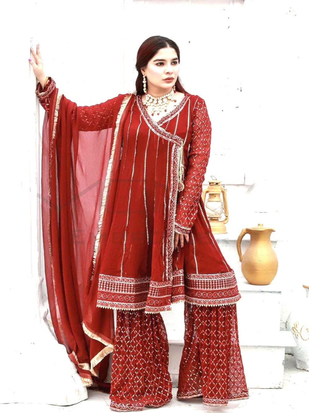 Elegant Chiffon Embroidered Gharara Suit | Traditional Pakistani ...