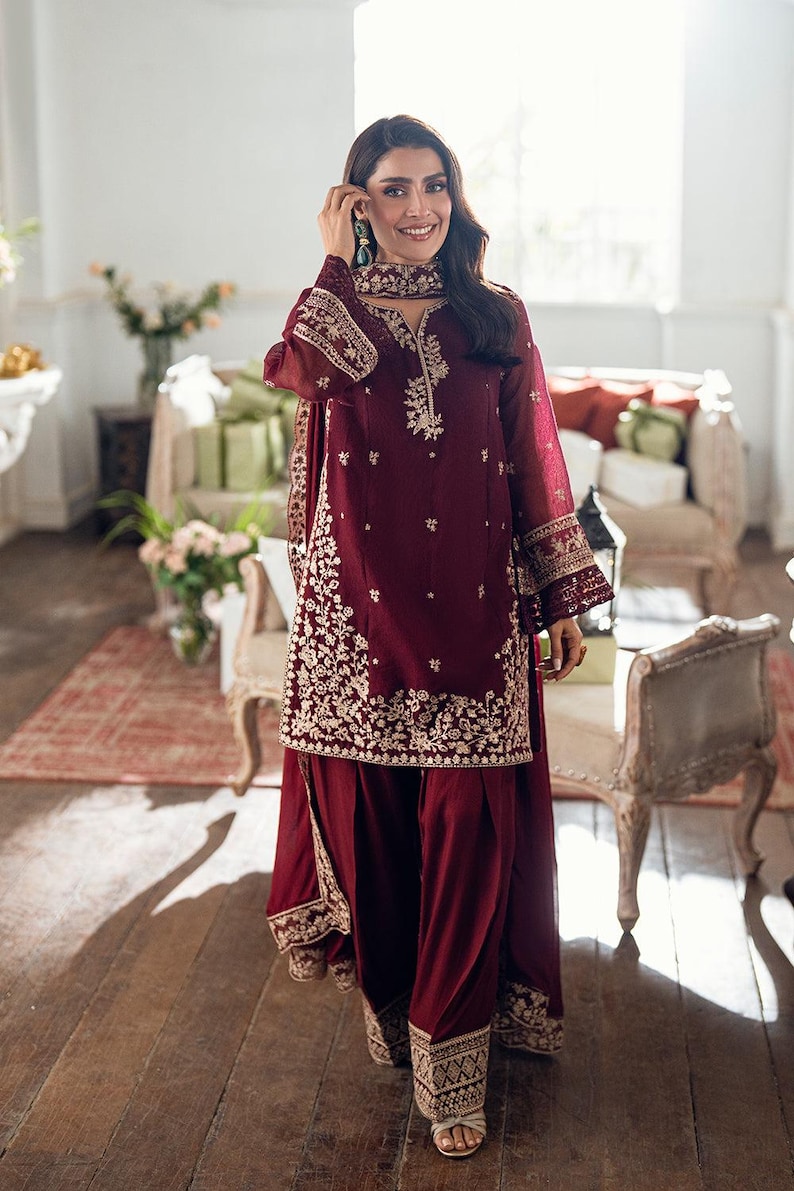 Pakistani Designer Farshi Suit in Berry Burgundy | Luxury Embroidered ...