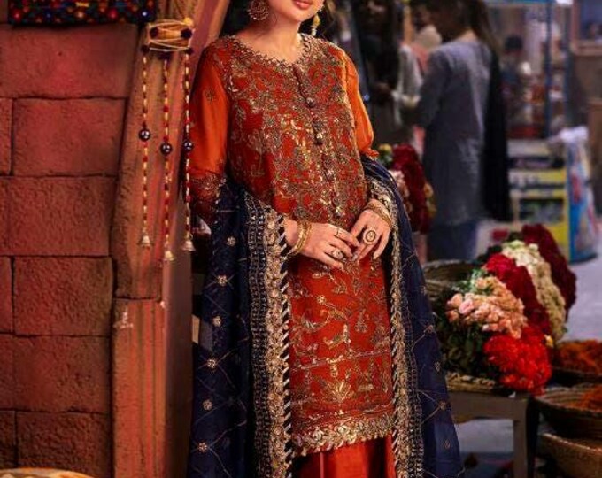 Pakistani Designer Rust Embroidered Kurta Shalwar Suit | Wedding-ready ...