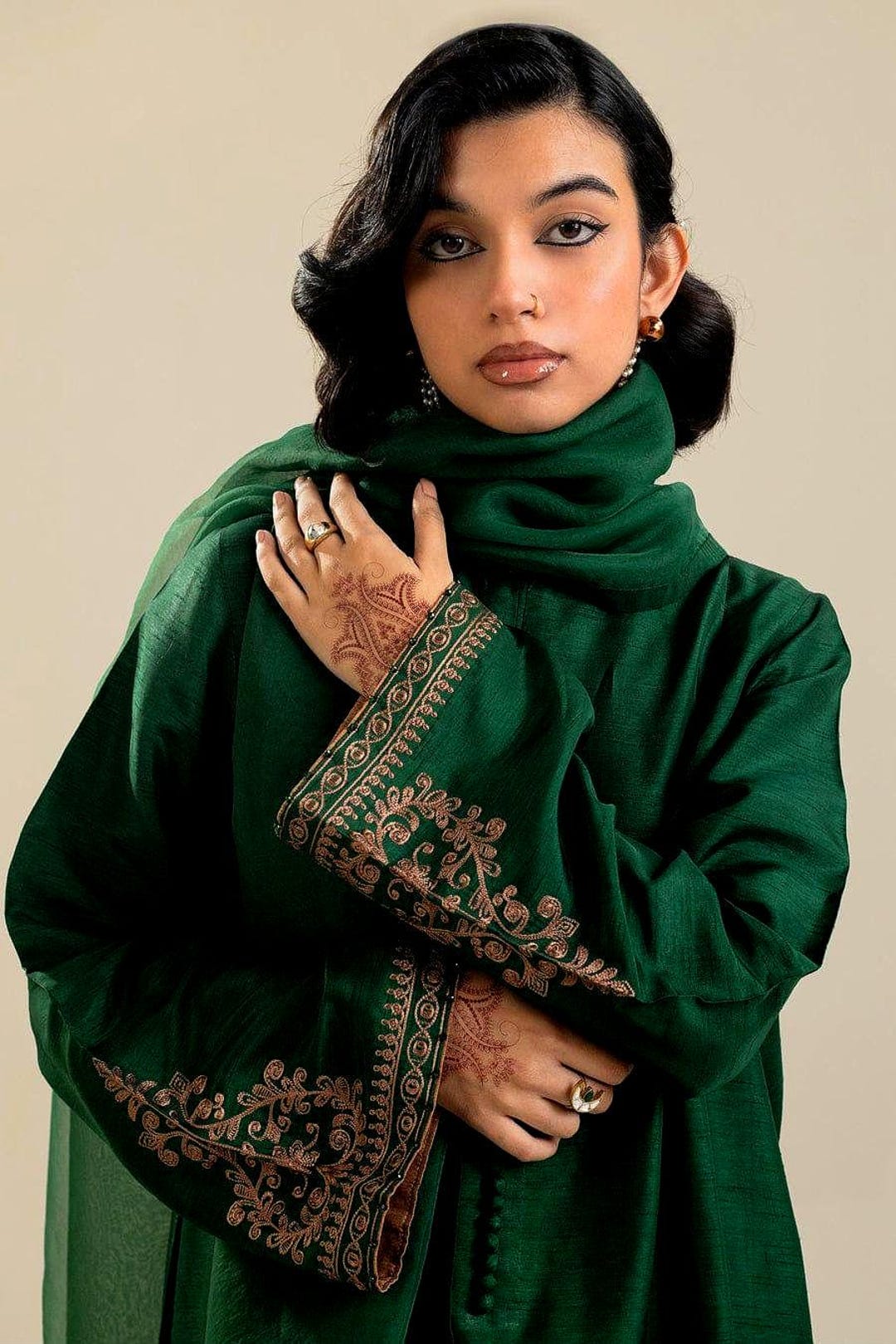 Elegant Bottle Green Raw Silk A-line Kurta Set With Embroidered Dupatta ...