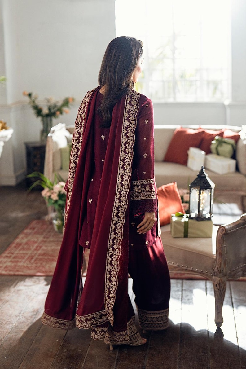Pakistani Designer Farshi Suit in Berry Burgundy | Luxury Embroidered ...