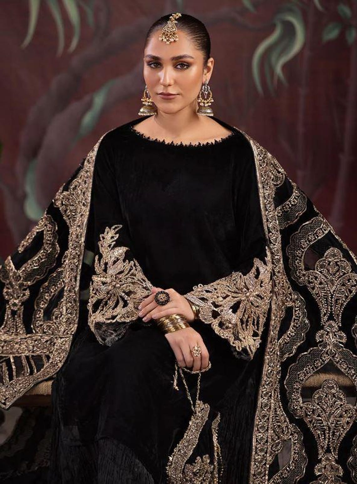 Black Velvet Embroidered Suit With Heavy Cutwork Shawl | Luxury ...