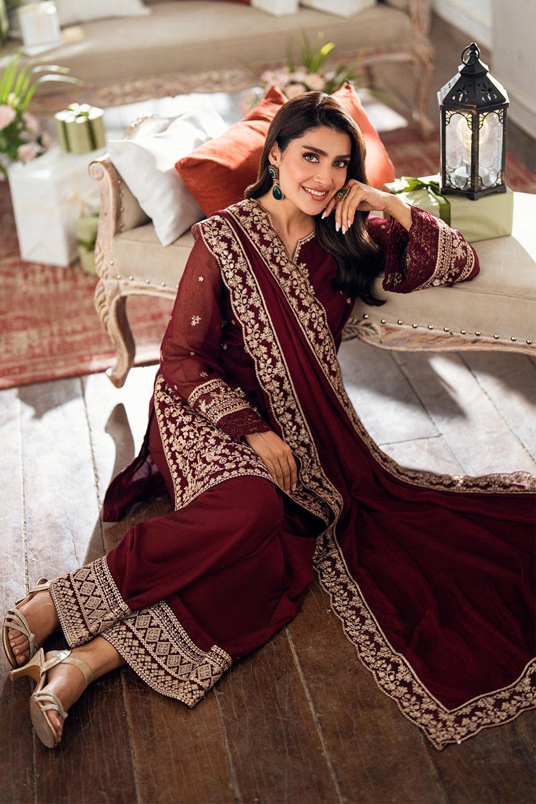 Pakistani Designer Farshi Suit in Berry Burgundy | Luxury Embroidered ...