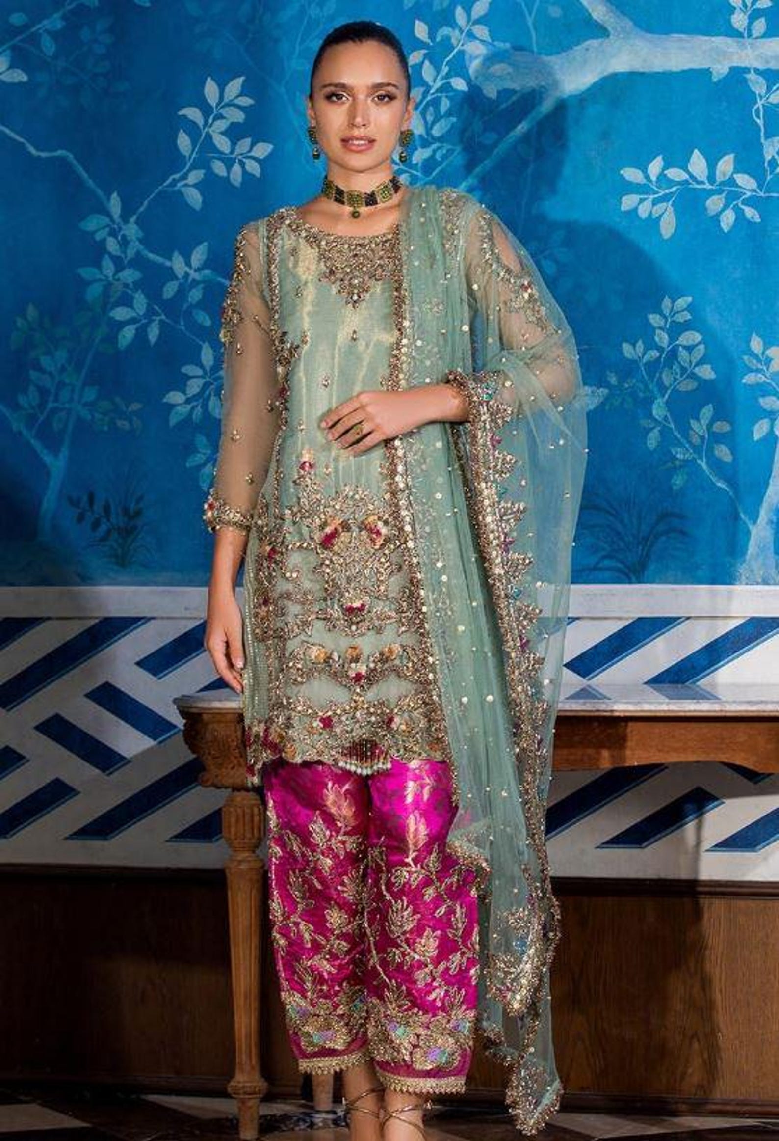 Hand Embroidered Designer Pakistani Eid Suit | Turquoise & Pink Formal ...