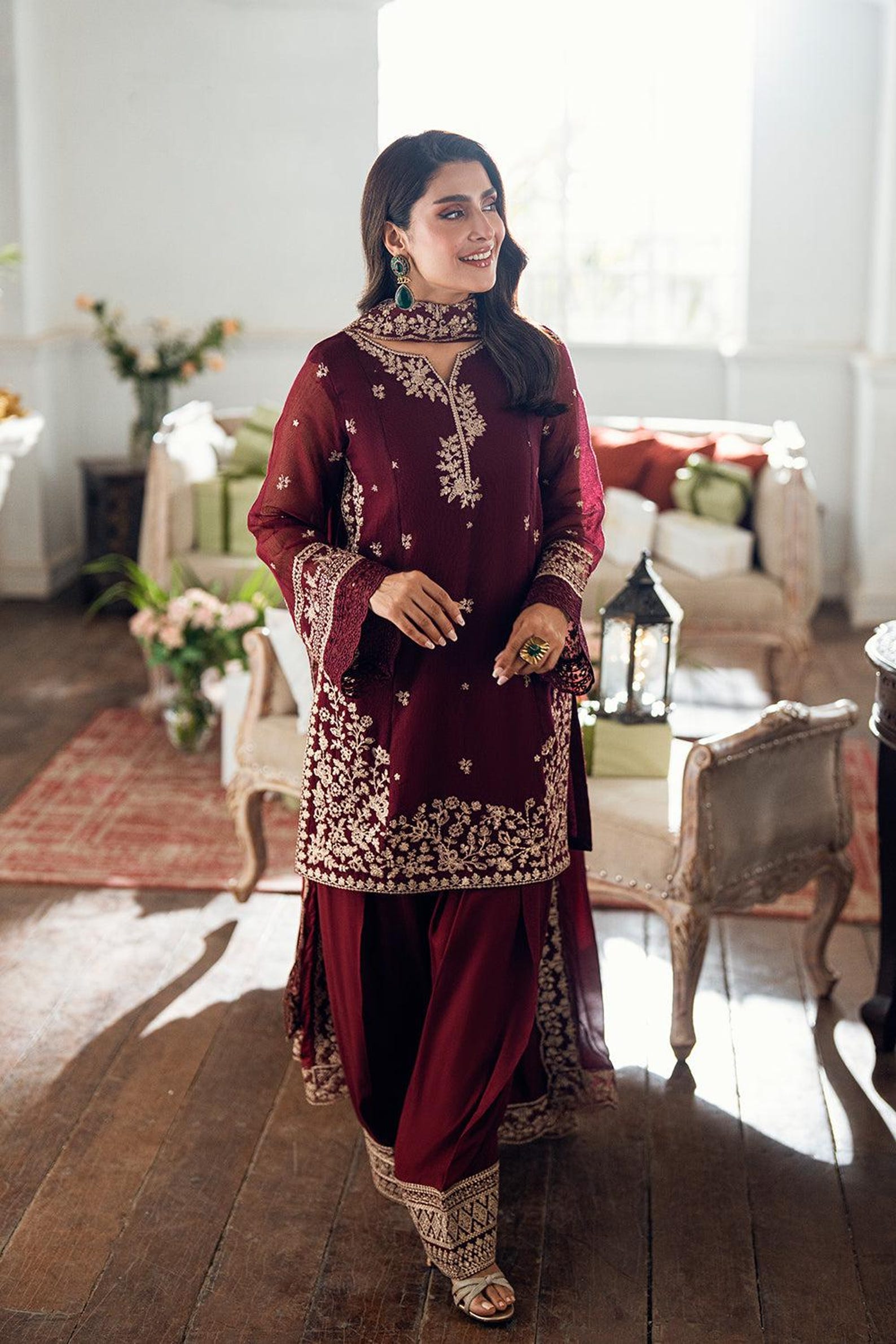 Pakistani Designer Farshi Suit in Berry Burgundy | Luxury Embroidered ...