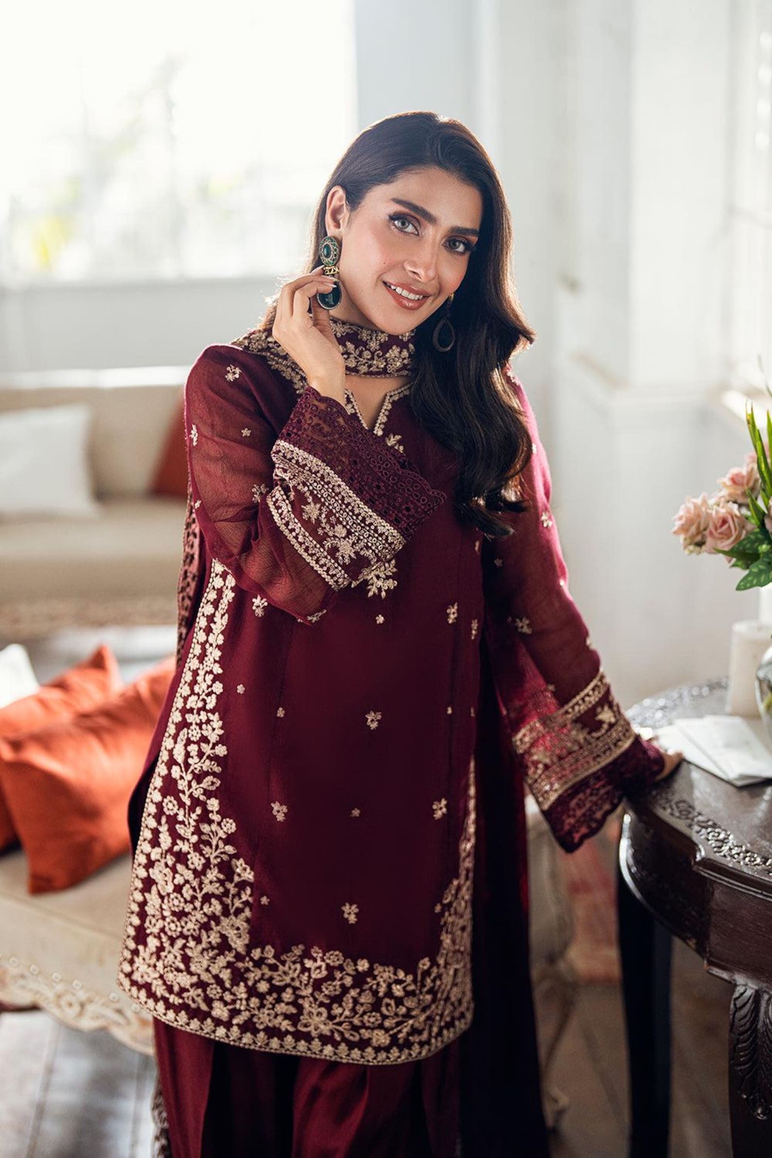 Pakistani Designer Farshi Suit in Berry Burgundy | Luxury Embroidered ...
