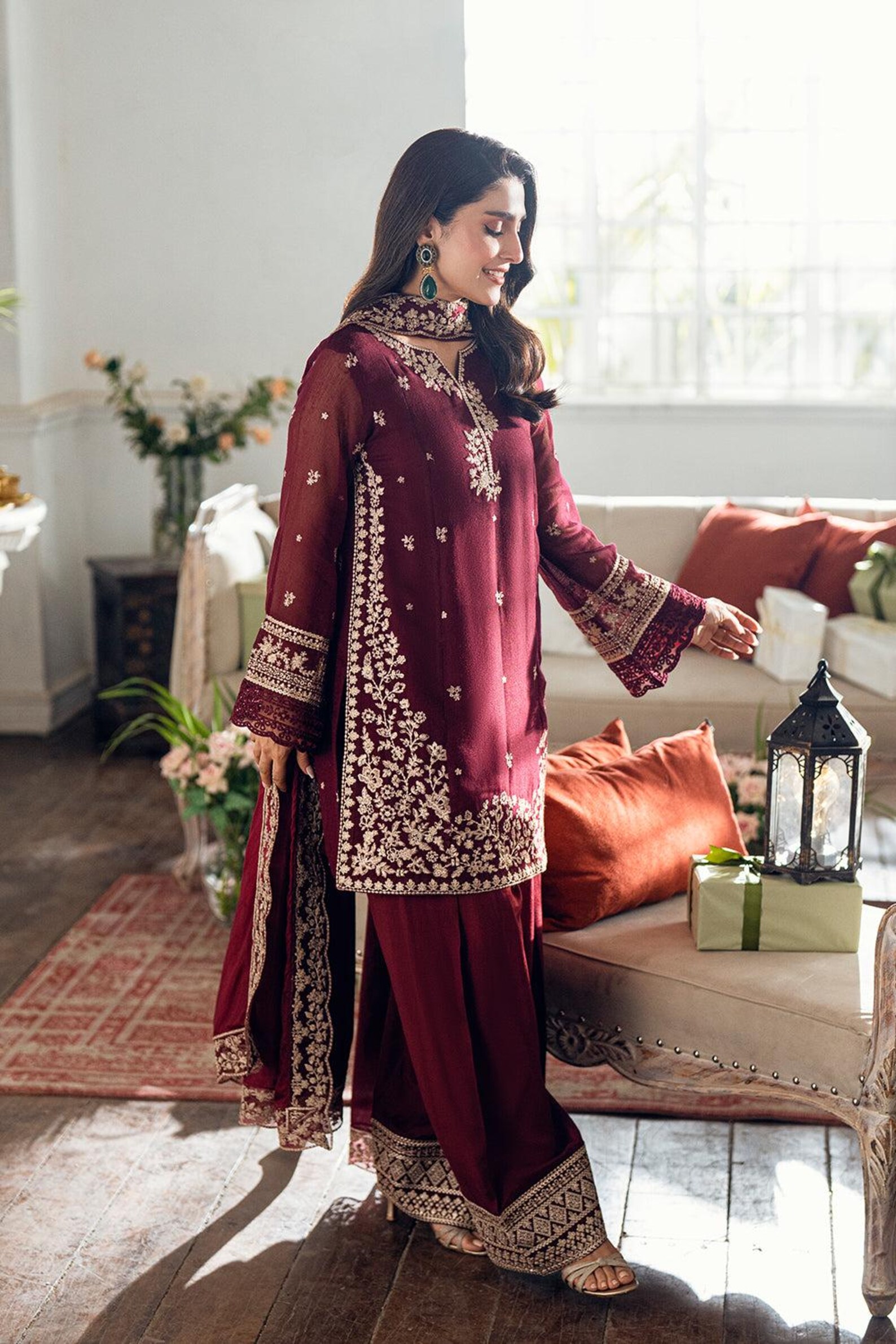 Pakistani Designer Farshi Suit in Berry Burgundy | Luxury Embroidered ...