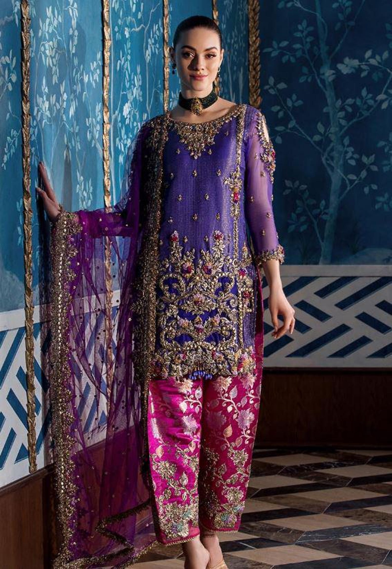 Hand Embroidered Designer Pakistani Eid Suit | Turquoise & Pink Formal ...