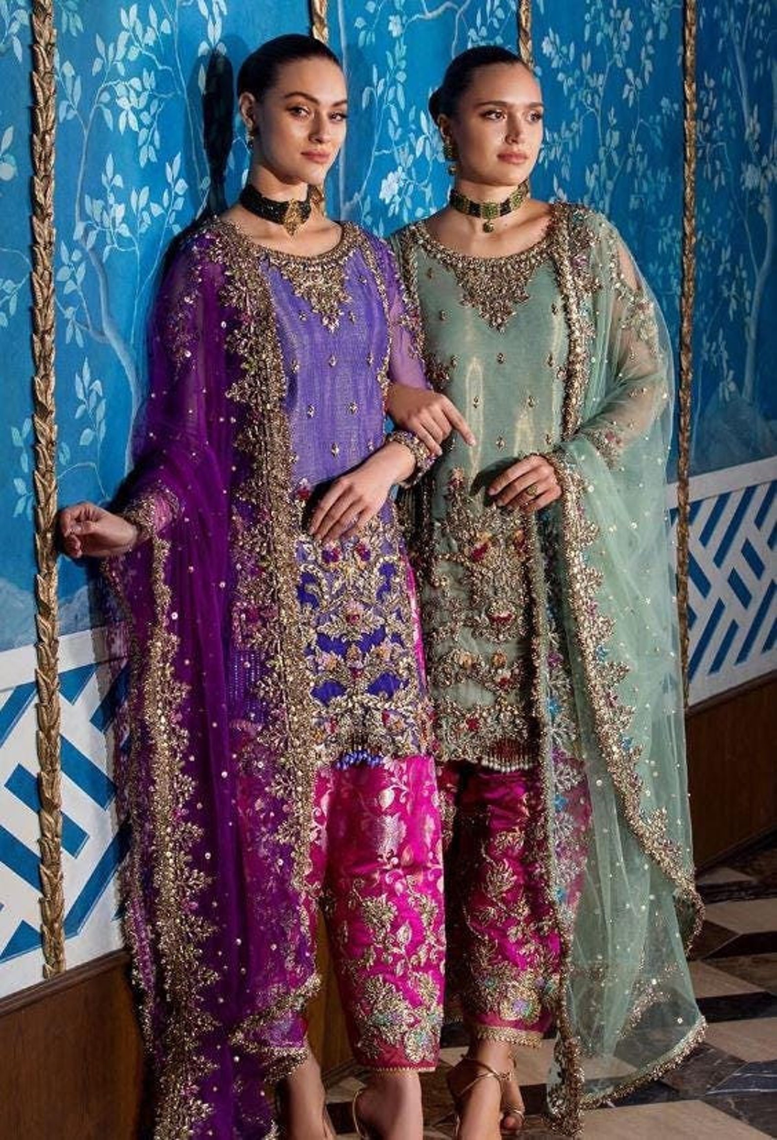 Hand Embroidered Designer Pakistani Eid Suit | Turquoise & Pink Formal ...